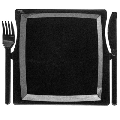 Тарелка фуршетная ДхШхВ 195х195х10мм КОМБО с вилкой и ножом PS ЧЕРНАЯ ...
